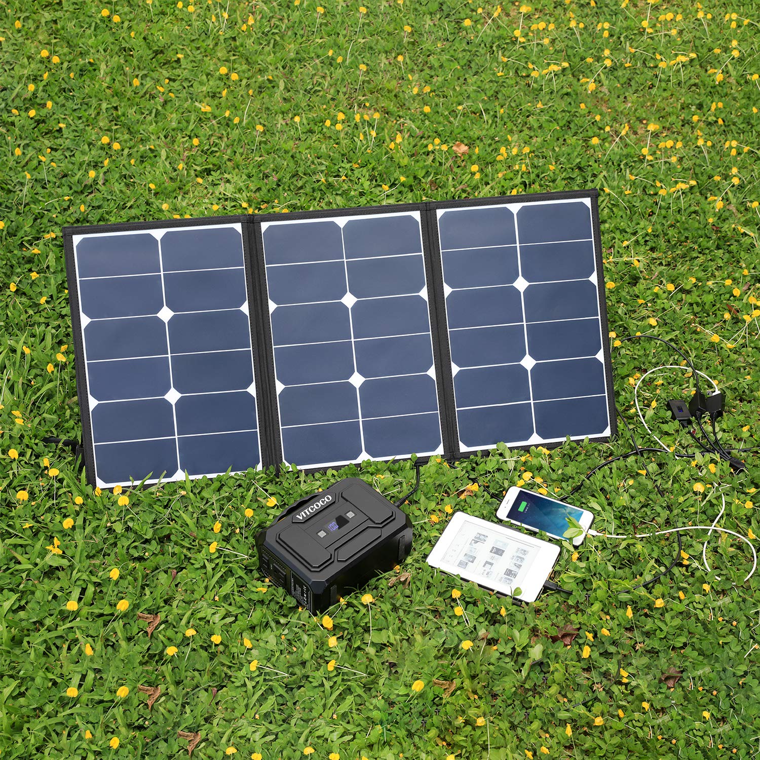 VITCOCO 63W Solar Charger Solar Panel, with 3 USB Port 2 DC Port Portable Foldable Waterproof Solar Charger Camping for Laptop Tablet, iPhone, iPad, Drone, Camera and All USB Devices