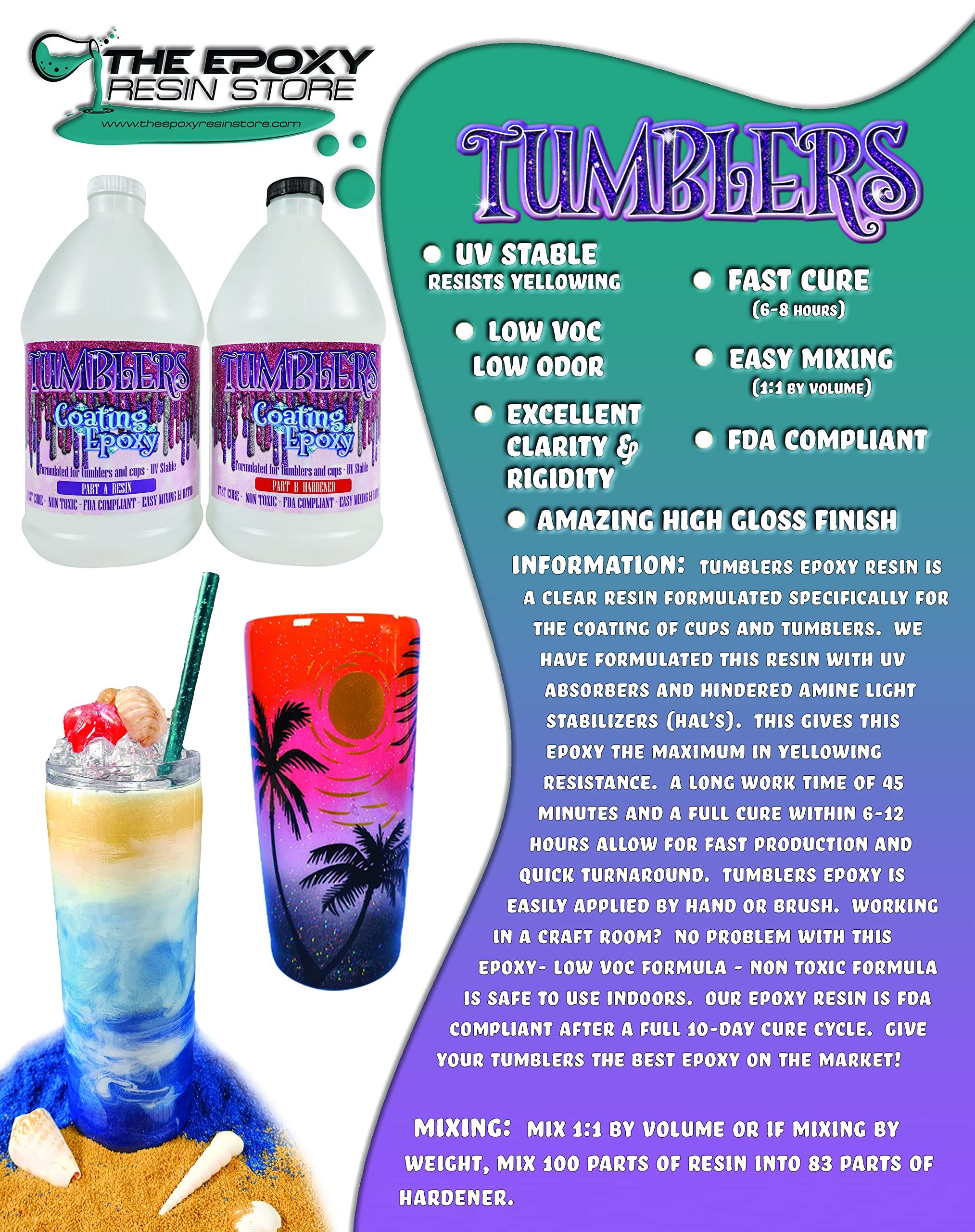The Epoxt Resin Store - Tumbler Coating Epoxy Resin, Super Gloss Shine, Fast Cure, Self Leveling, Low Odor, Easy Mixing (1-1), UV Stable, 2 Part 1 Gallon kit
