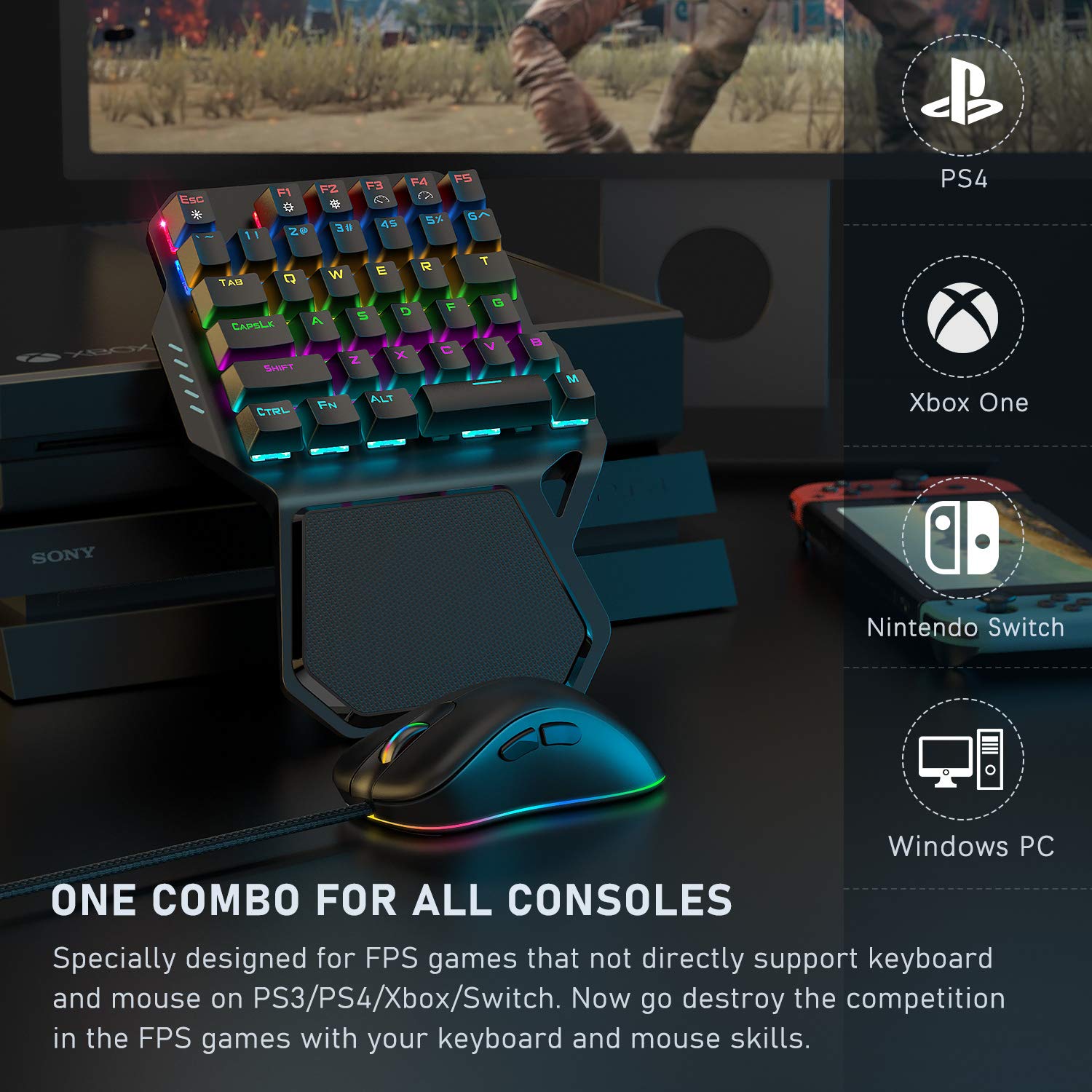 Vivefox One Handed Mechanical Backlit Gaming Keyboard and Mouse Adapter for PS4 PS3 Xbox One N-Switch Window PC Game Console Support Call of Duty Modern Warfare Overwatch PUBG Fortnite COD