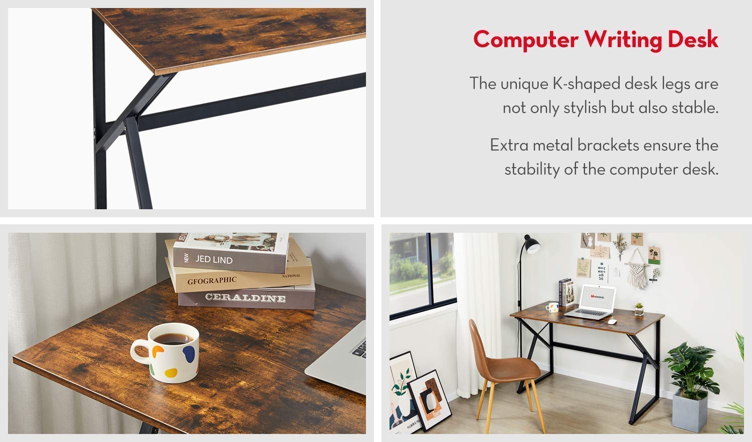 WOHOMO Computer Writing Desk 47 inch for Small Space,K-Shaped Sturdy Home Office School Kid Table,Wood Metal Workstation Simple Modern PC Stand Desk,Rustic Brown Vintage
