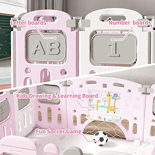 UNICOO – Baby Playpen, Foldable Kids Fence Activity Center, Safety Playard with Games Station Non-Slip Rubber Bases, Adjustable Shape (ZC-001-PW Pink + White)