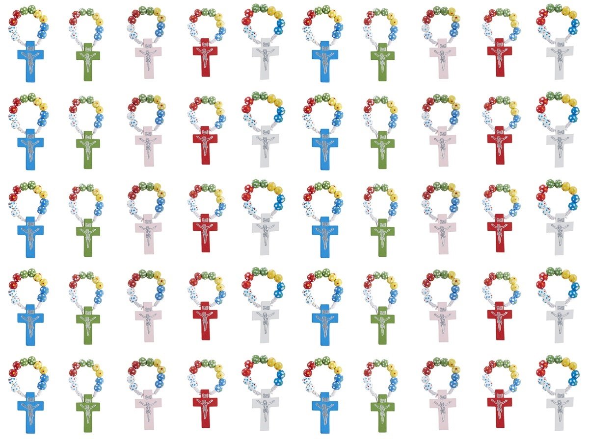 Wooden Rosary Rings with Assorted Color Crosses, Pack of 50, 2 1/2 Inch