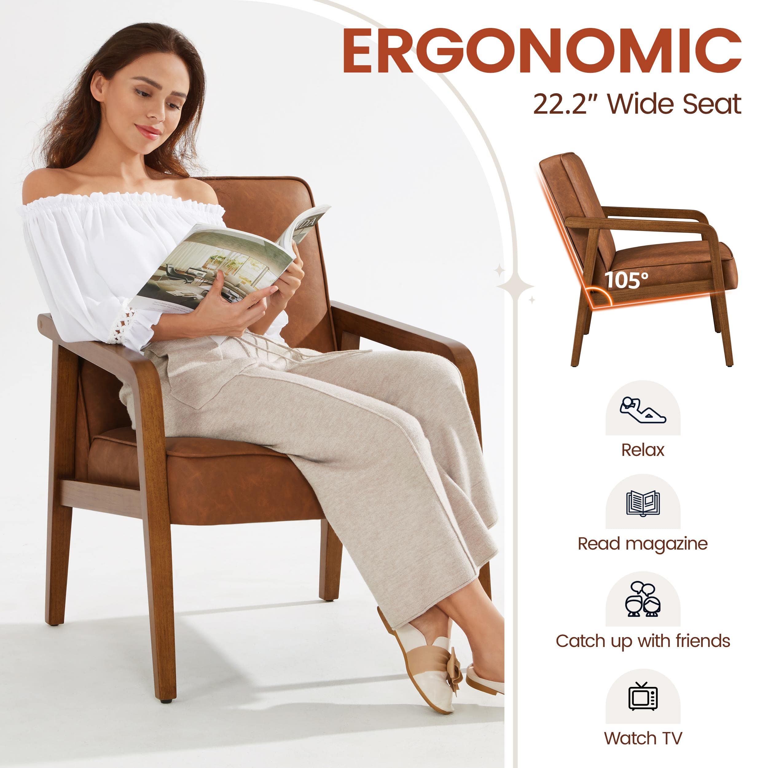 Yaheetech PU Leather Accent Chair, Mid-Century Modern Barrel Chair with Wooden Frame and Soft Thick Padded for Living Room Bedroom Home Office, Light Brown
