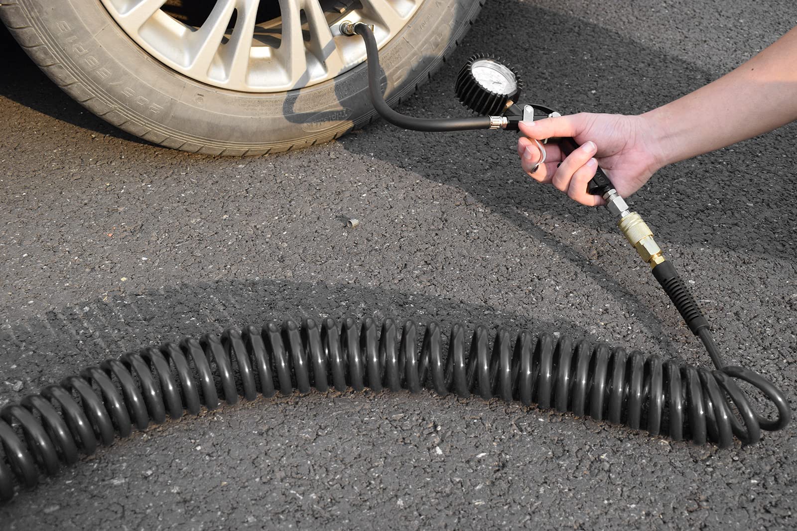 YOTOO Polyurethane Recoil Air Hose 3/8" Inner Diameter by 25' Long with Bend Restrictor, Repairable 1/4" Industrial Quick Coupler and Plug, Gray