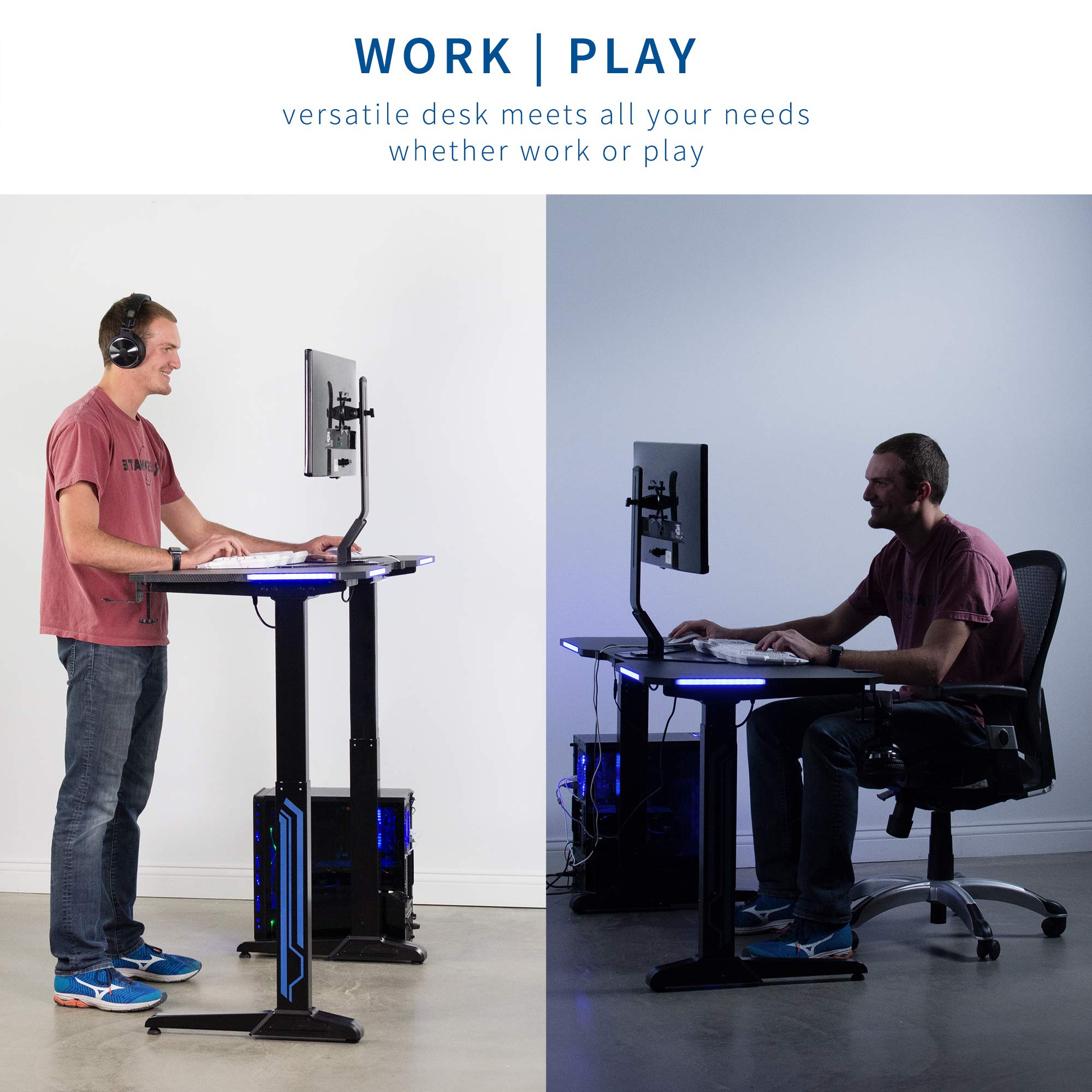 VIVO Black Electric 47 inch Height Adjustable Gaming Desk with Blue LED Lights, Ergonomic Home Office Computer Table Workstation, DESK-GME2B