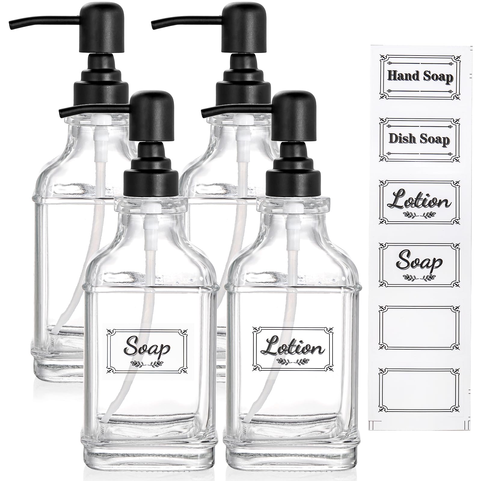 YOUEON 4 Pack 18 Oz Glass Soap Dispenser with Pump, Thick Glass Hand Soap Dispenser with Rust Proof Stainless Steel Pump & Clear Stickers, Refillable Soap Dispenser Set for Kitchen, Bathroom