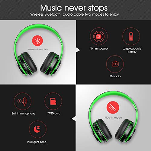 Viwind Bluetooth Wireless Headphones Over Ear with Mic,Foldable Noise Cancelling Headset for Travel Work TV PC Android Cellphone 【Hi-Fi Stereo &Comfortable Earpads】-Green