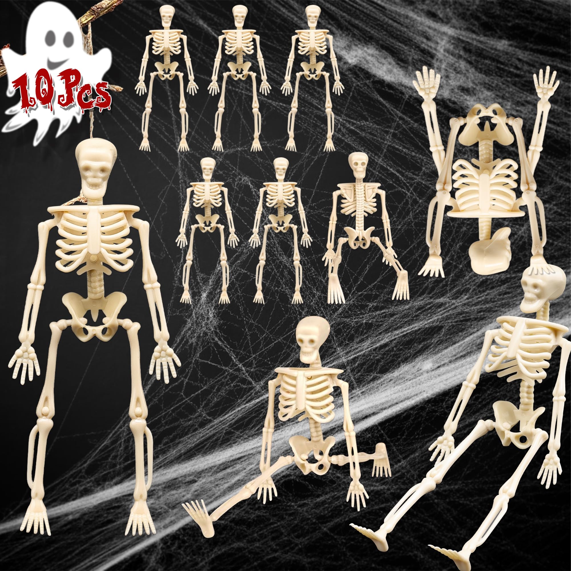 YOYOJOY Mini Skeleton Halloween Decor,10 PCS Small Skeletons Figure, 6" Halloween Posable Skeletons Decorations, Tiny Skeleton Party Favors