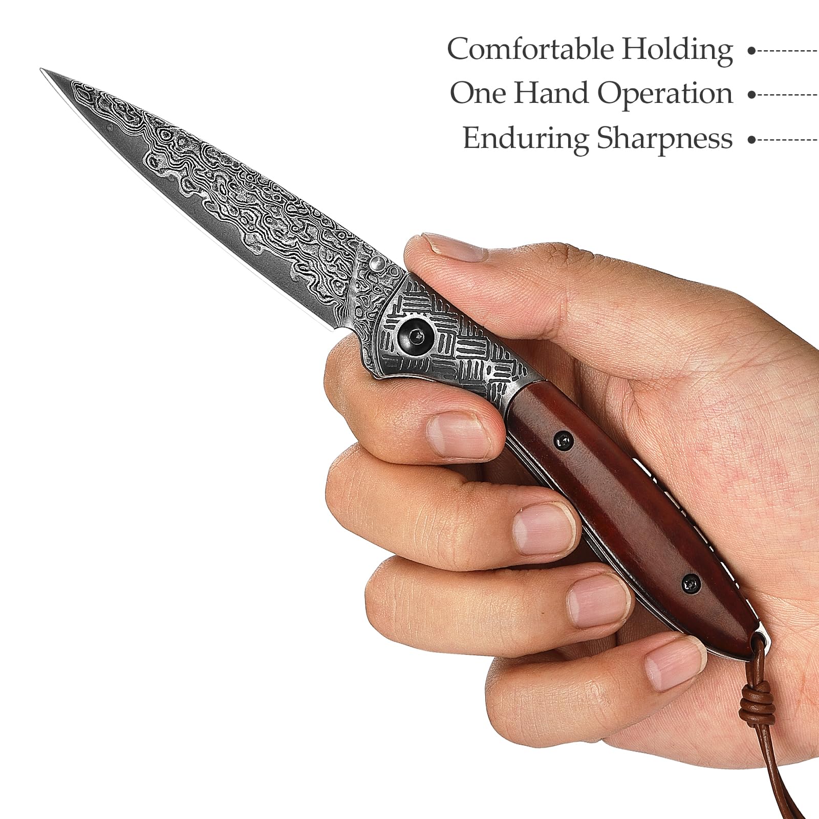 TRIVISA 3.15" Handmade Damascus Folding Pocket Knife,EDC Knives Gift for Men,Brown Bone Handle,Ceramic Bearings,Thumb Stud, Steel Bolster, Liner Lock.Piscis Austrinus-02B