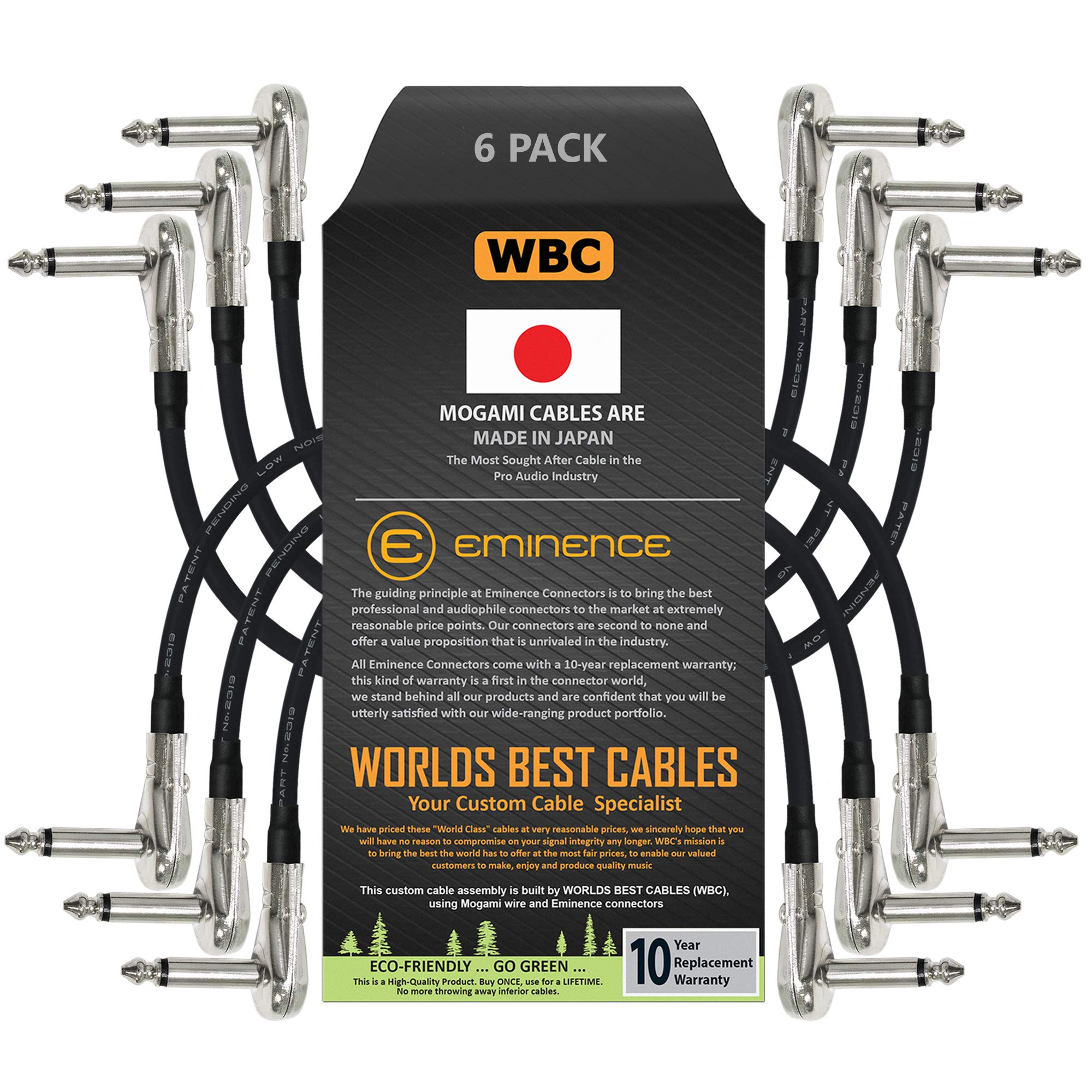 WORLDS BEST CABLES 6 Units - 6 Inch - Pedal, Effects, Patch, instrument cable CUSTOM MADE made using Mogami 2319 wire and Eminence Nickel Plated ¼ inch (6.35mm) R/A Pancake type Connectors