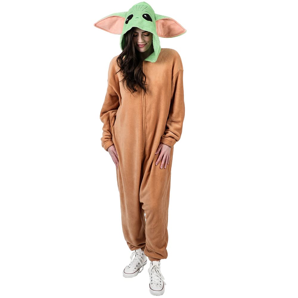 Star Wars The Mandalorian Baby Grogu Hooded Kigurumi Union Suit Pajama Onesie with Ears-Medium Brown