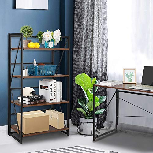 ZenStyle 4 Tier Bookshelf No-Assembly Folding Book Case Home Office Storage Ladder Shelf Industrial Standing Bookcase Organizer Book-Shelf Rack