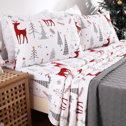 STARBEDIA Christmas Sheets Full, 100% Cotton Flannel Holiday Bed Sheet Set, Deep Pocket Fitted Sheet, Soft Warm Brushed Christmas Sheet (Full Size, Christmas Forest Deer)