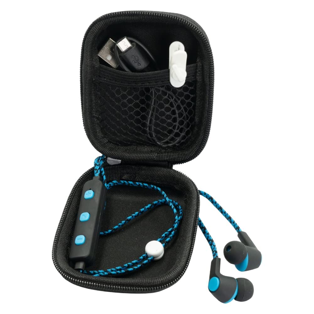 Volkano Wireless Earphones with Microphone, Portable Square Earphone Carrying Case, True Stereo Sound in-Ear Bluetooth Headphones, Audífonos Inalámbricos Volume Control [Blue/Black] Moda Series