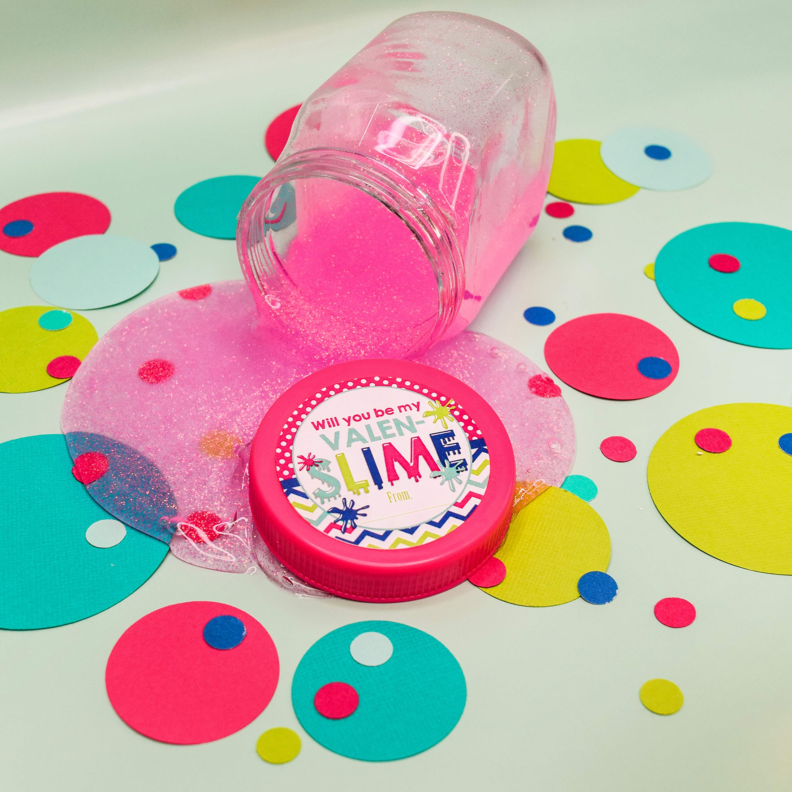 Slime Time Valentine Party Favor Sticker Labels, 40 2" Party Circle Stickers by AmandaCreation, Great for Classroom Valentines, Envelope Seals, Gifts & Treats