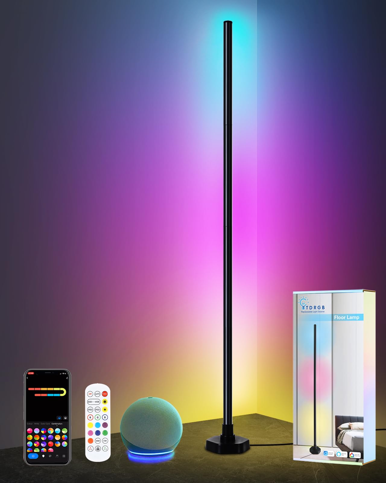 YTDRGB RGBW Corner Floor Lamp - Smart Corner Lamp Compatible with Alexa, LED Corner Light with APP, Remote Control, Music Sync, Timer and 16 Million DIY Colors for Gaming Rooms Living Rooms Bedrooms