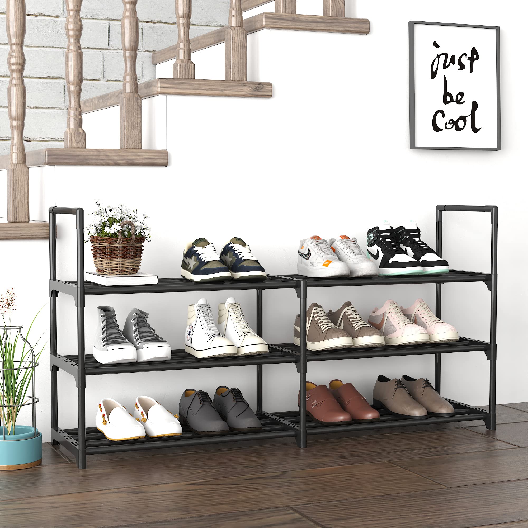 Thoustars 3-Tier Stackable Shoe Rack, Metal Shoe Shelf, 12 to 15 Pairs Shoes, Stackable Shoe Tower for Living Room,Closet, Entryway, Hallway, (Black)