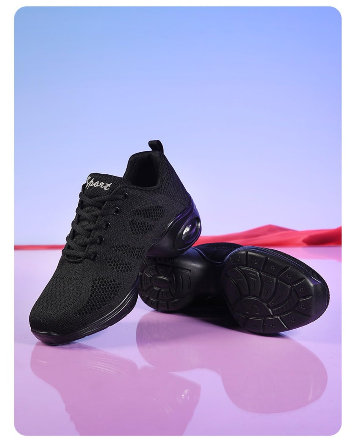 Women's Breathable Air Cushion Jazz Dance Shoes Lace Up Mesh Sneakers - Split Sole Athletic Walking Dance Thick Sole (Black,8.5)