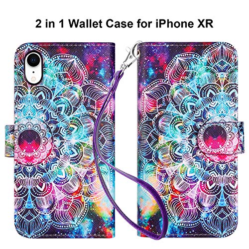 Vofolen Case for iPhone XR Case Wallet Leather PU Flip Cover Folio Detachable Magnetic Slim Shell Dual Layer Heavy Duty Protective Bumper Armor Wristband Card Holder for iPhone XR 10R Flower Mandala