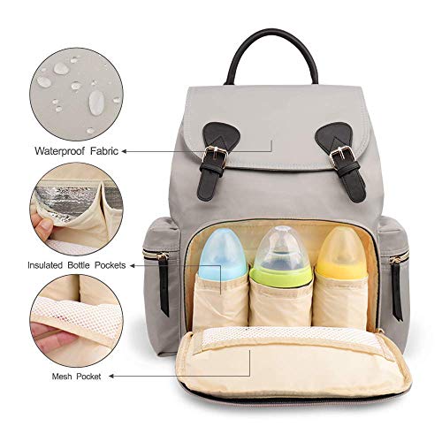 Vogshow Waterproof Diaper Bag, Multifunction Stylish Travel Backpack with 2 Stroller Hooks, Gray