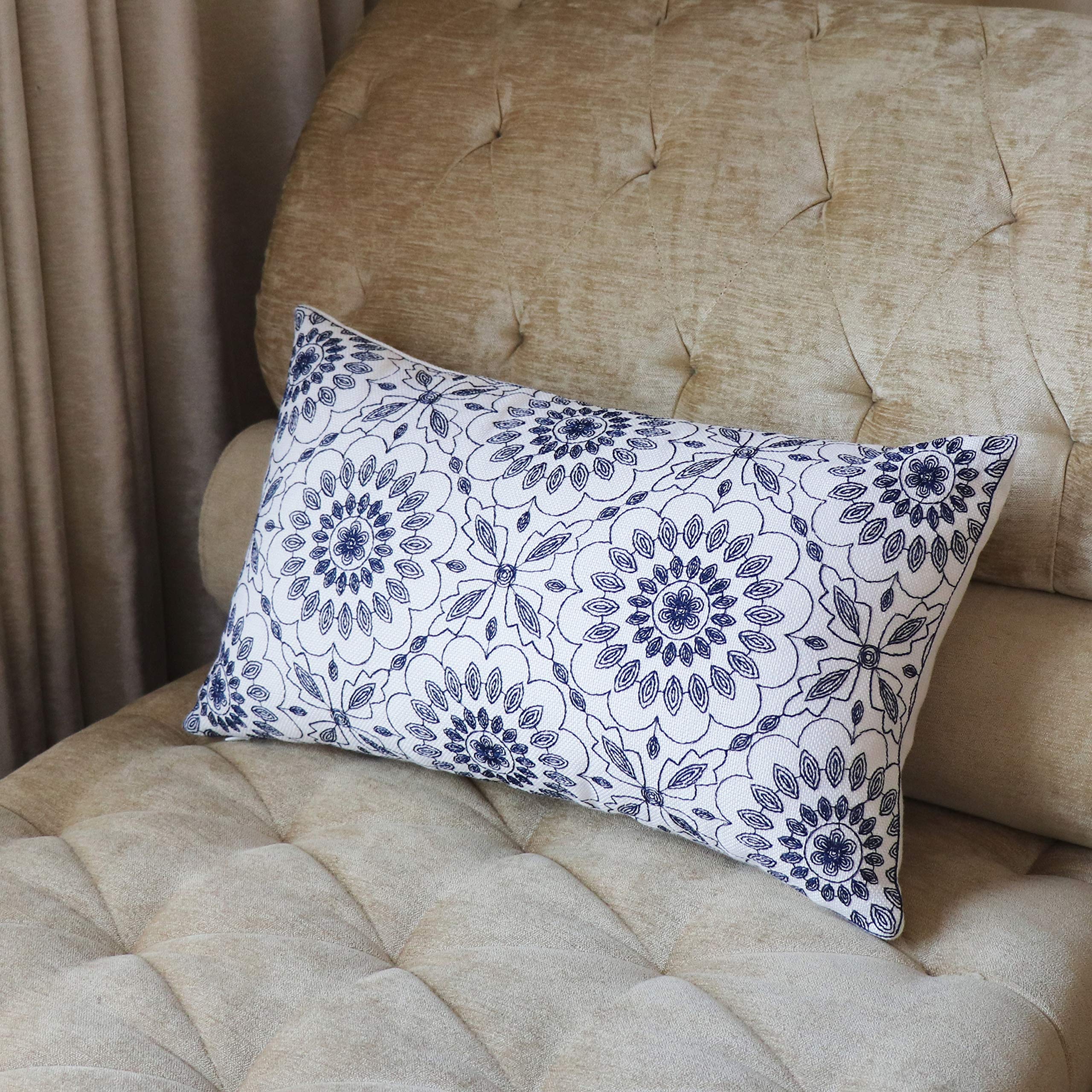 Slow Cow Linen Embroidery Decorative Lumbar Throw Pillow Cover Pillowcase Rectangular Pillow Cover Cushion Cover for Bed Couch Sofa 12 x 20 Inches Navy Blue