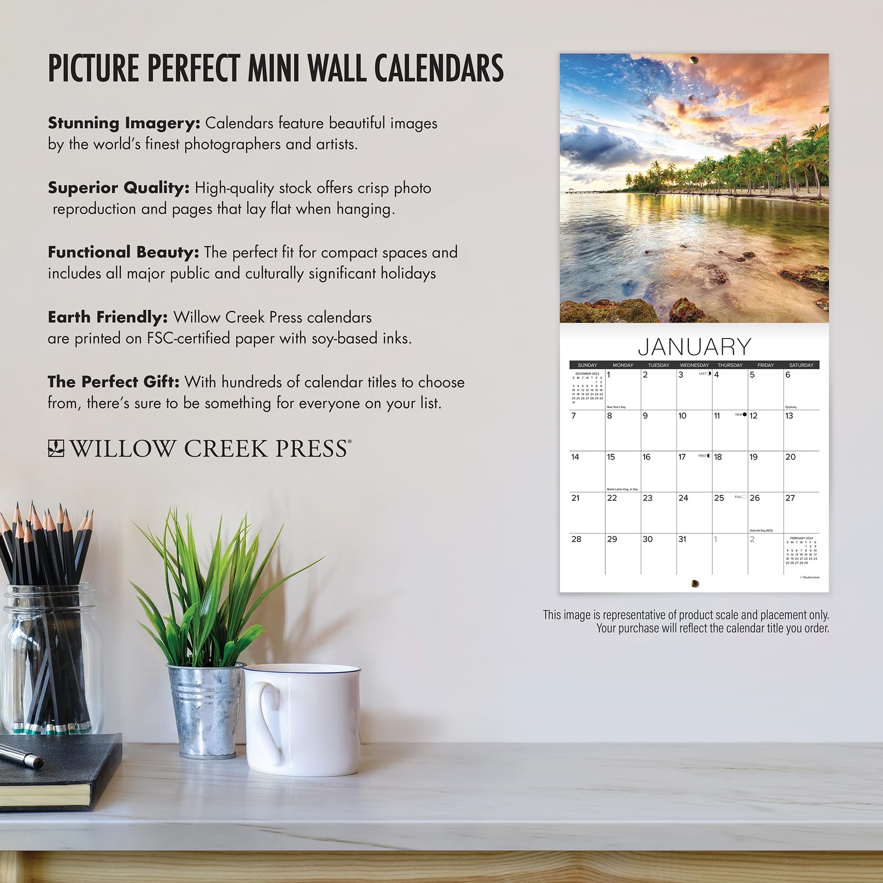 Willow Creek Press Beaches Monthly Mini 2024 Wall Calendar (7" x 7")