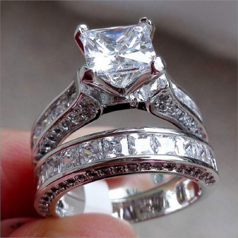 Zhiwen Lovely Ring -2-in-1 Womens Vintage Princess Cut Topaz Cz 10KT White Gold Filled White Diamond Silver Engagement Wedding Band Ring Set Size6-10 (US code 8)
