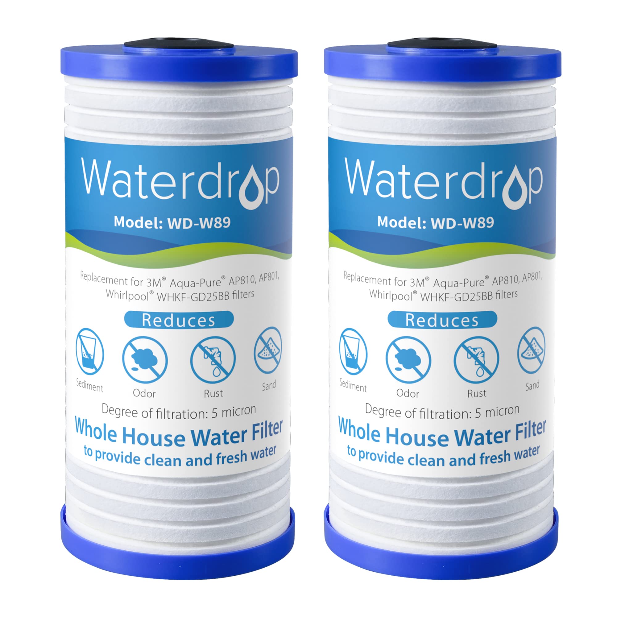 Waterdrop AP810 Whole House Water Filter, Replacement for 3M® Aqua-Pure® AP810, AP801, AP811, Whirlpool® WHKF-GD25BB, WHKF-DWHBB, 5 Micron, 10" x 4.5", Well & Tap Water Filter, Pack of 2