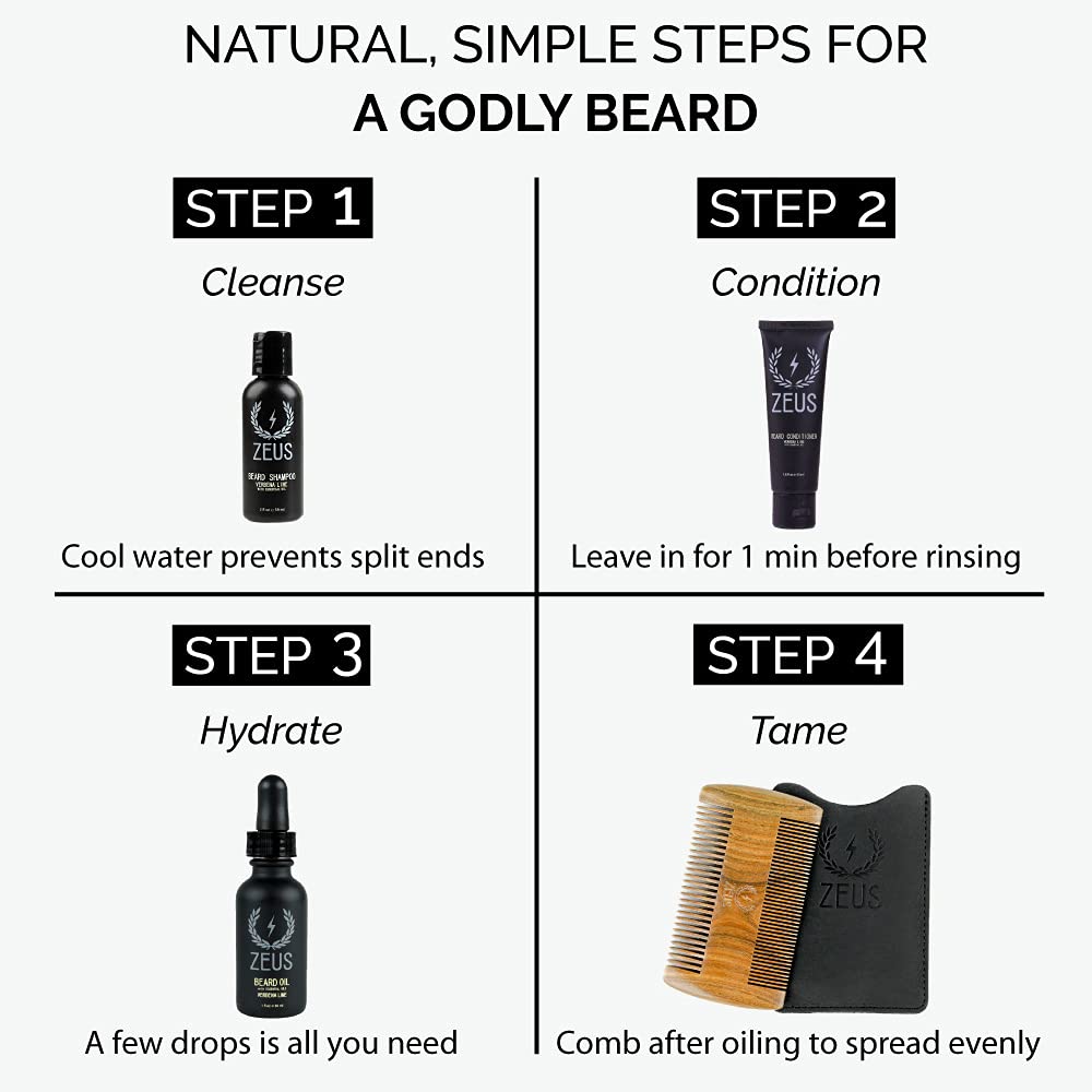ZEUS Essential Travel Sized Beard Oil Set, Starter Kit, Cleans, Conditions, Moisturizing, Tames Hair, Aides Itchy Skin - Sandalwood