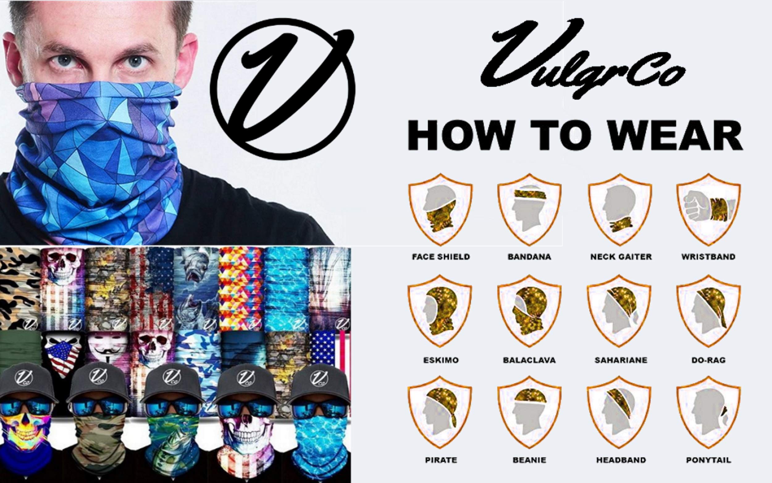 VulgrCo Skulls Fishing Hunting Outdoor Neck Gaiter Face Bandanna (Sugar Skull White)