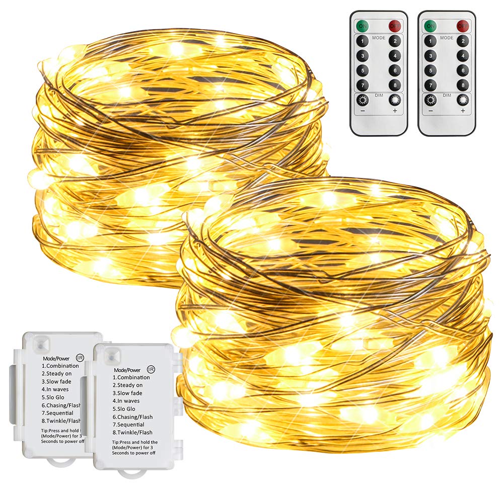 STARKER Outdoor String Lights, 2 Pack 16.4foot 50 LEDs Battery Operated String Lights Waterproof Silver Wire Twinkle Lights Decorative Fairy Lights with Remote and Timer