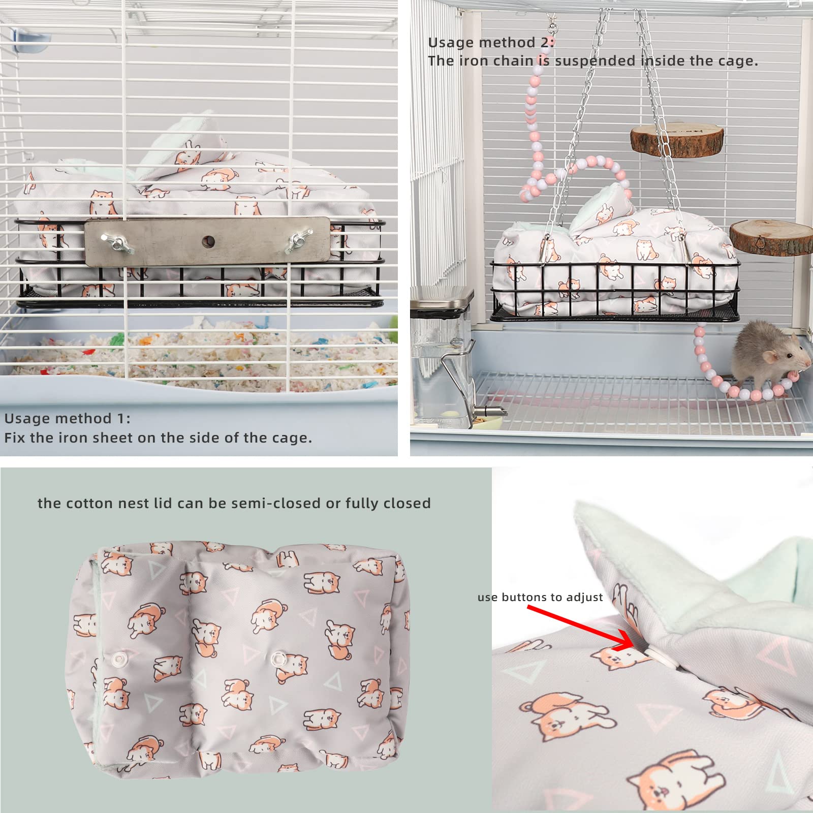 Small Animal Iron Bed Set, Rat Hanging Hammock Basket, Sugar Glider and Hamster Nest Cage Accessories Hideout for Small Pet (Black-Set)