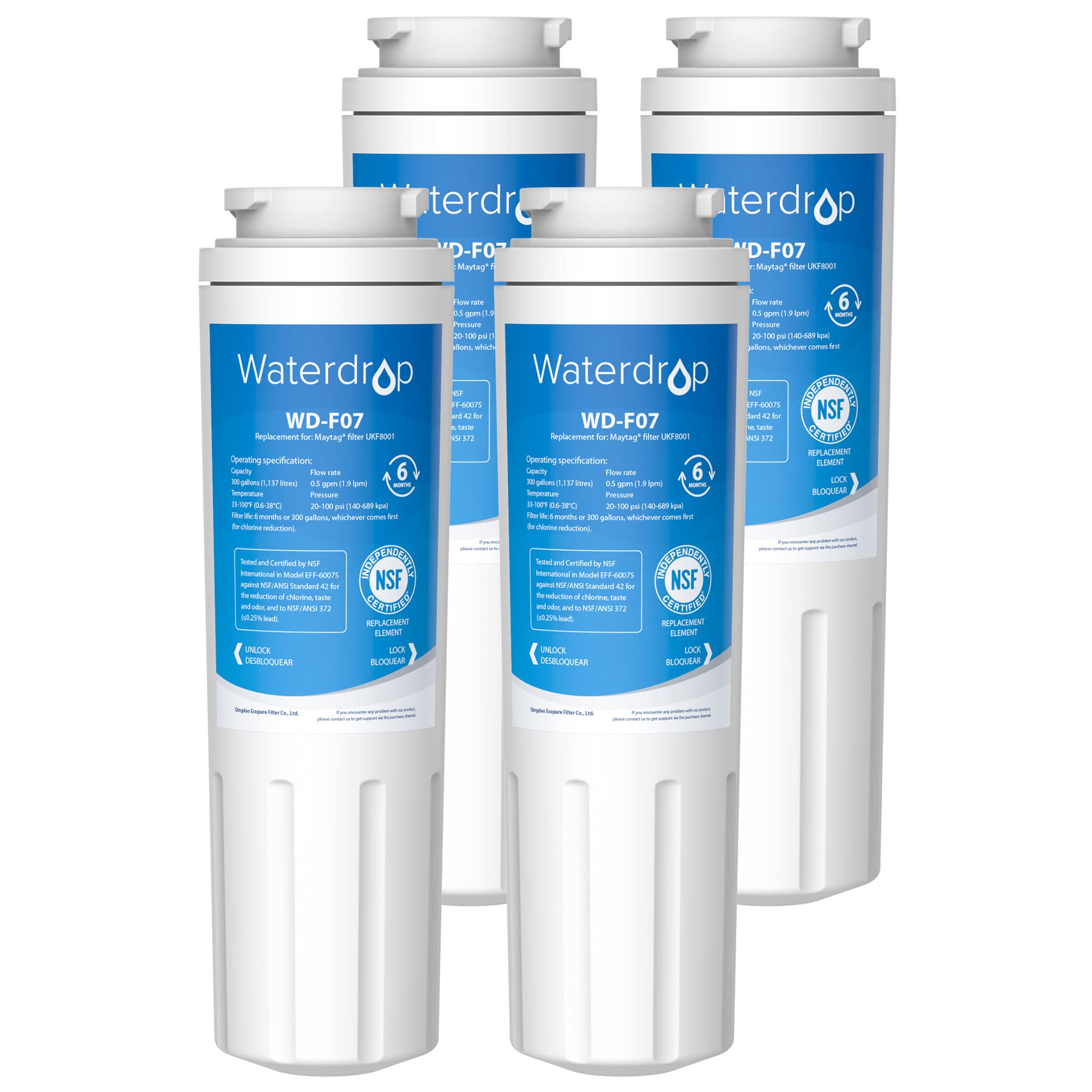 Waterdrop UKF8001 Refrigerator Water Filter 4, Replacement for Whirlpool® EDR4RXD1, EveryDrop® Filter 4, Maytag® UKF8001AXX-750, UKF8001AXX-200, 46-9006, Puriclean II, WF-UKF8001, 4 Filters