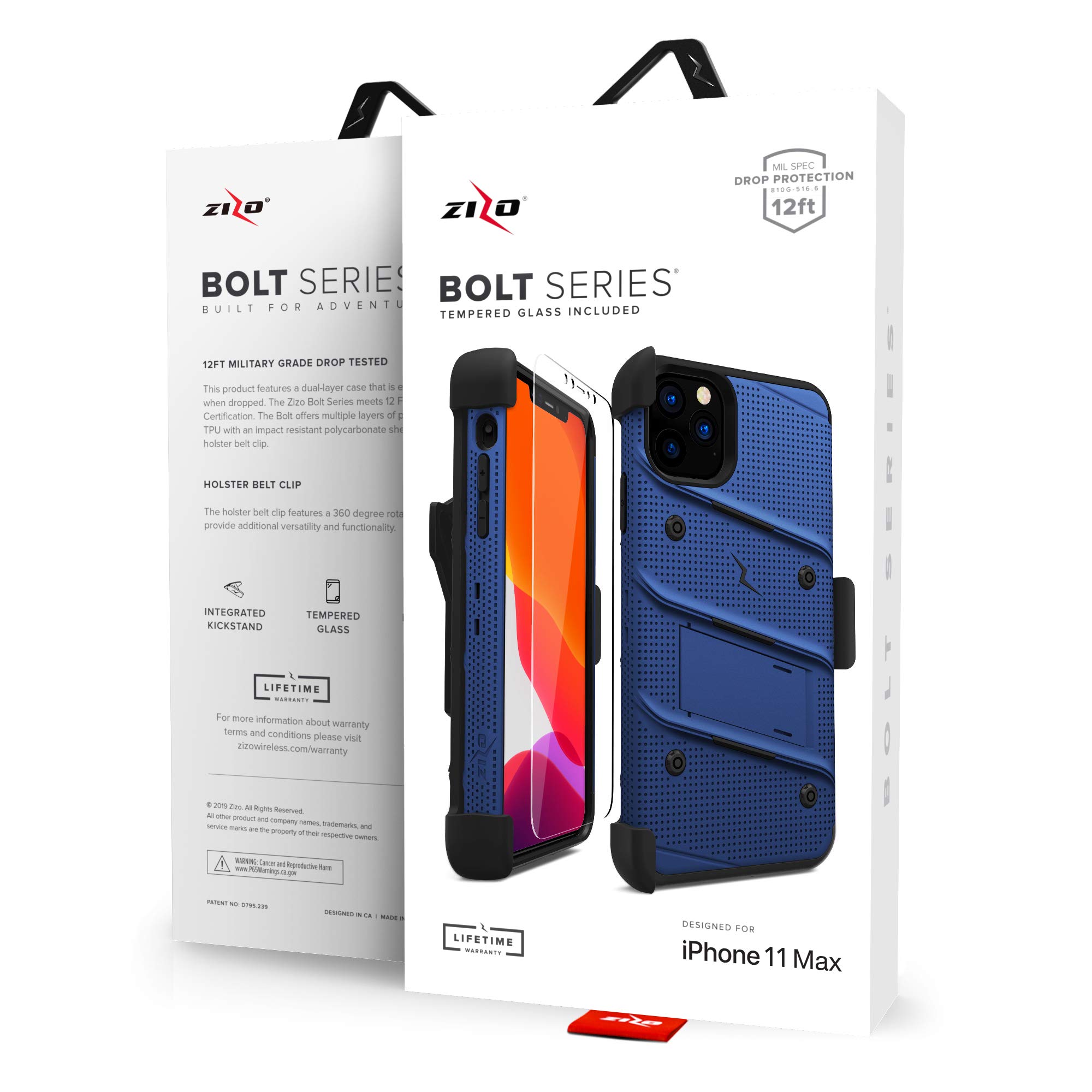 ZIZO Bolt Series iPhone 11 Pro Max Case - Heavy-Duty Military-Grade Drop Protection w/Kickstand Included Belt Clip Holster Tempered Glass Lanyard - Blue