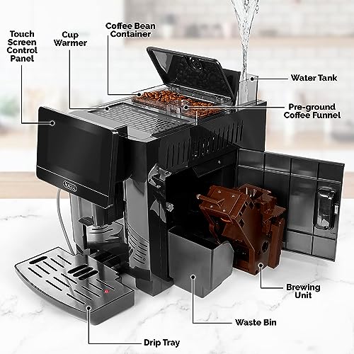 Zulay Magia Super Automatic Coffee Espresso Machine - Durable With Grinder Maker Easy To Use 7β Touch Screen, 19 Recipes, 10 User Profiles