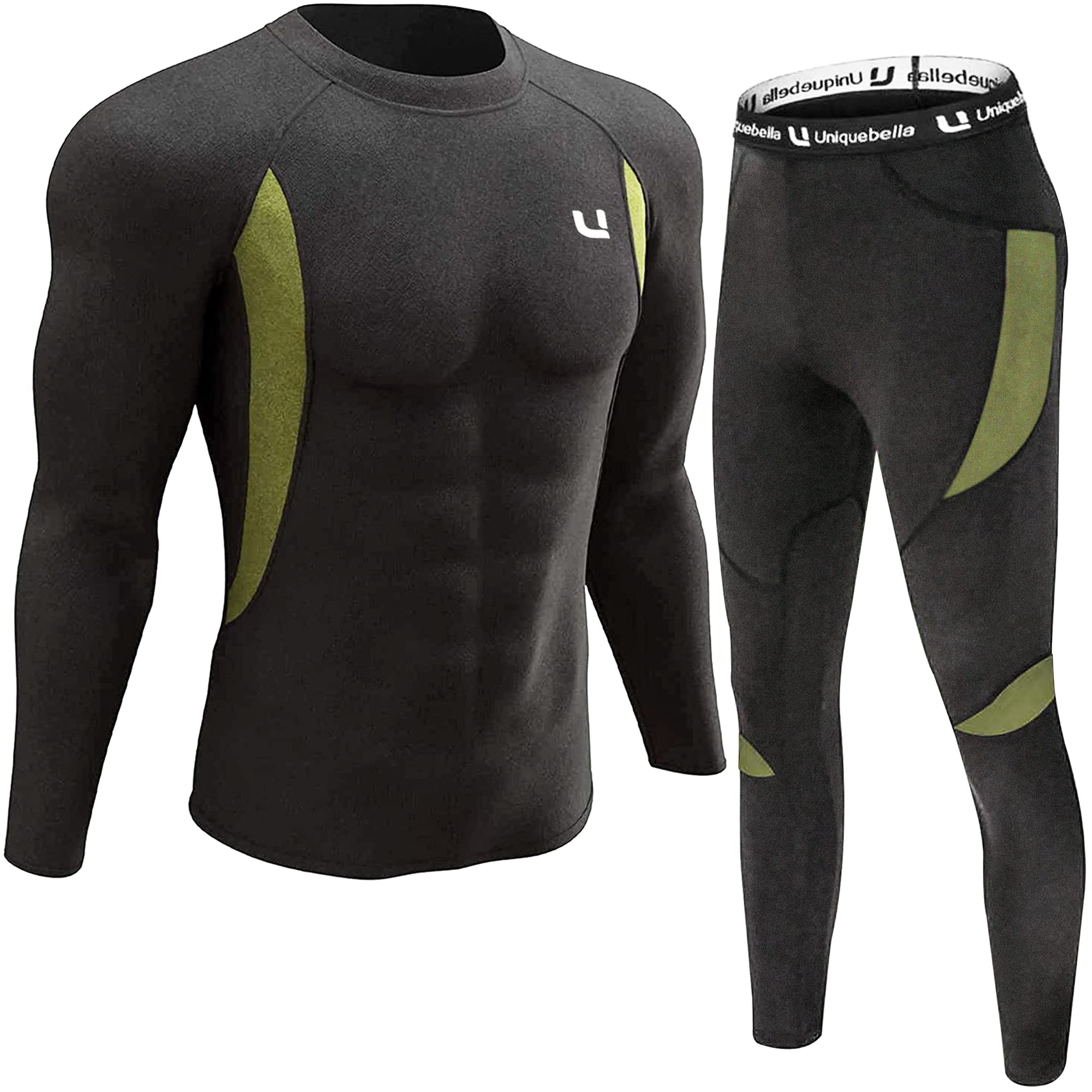 UNIQUEBELLA Men's Thermal Underwear Sets Top & Long Johns Fleece Sweat Quick Drying Thermo Base Layer Green