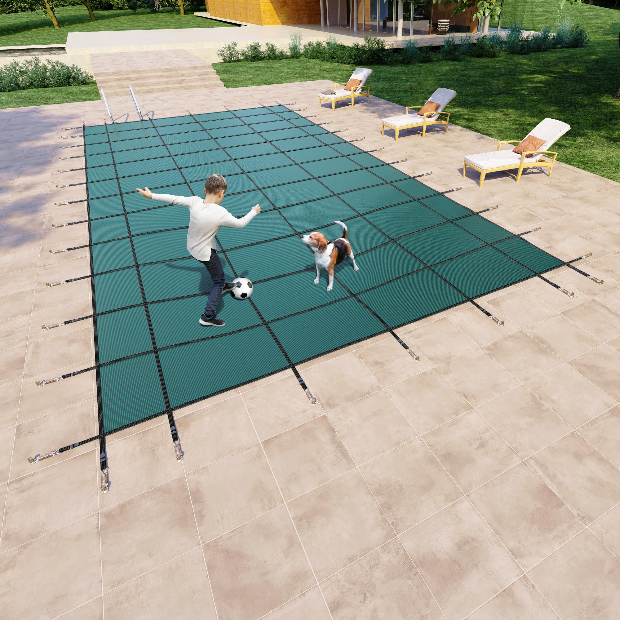 Yankee Pool Safety Inground Pool Cover - Full Set w/Pool Safety Net and Installation Tools | Ultra-Dense 16x32 Ft Safety Pool Cover w/Anchors, Steps | Cold-Resistant Pool Covers for Inground Pools