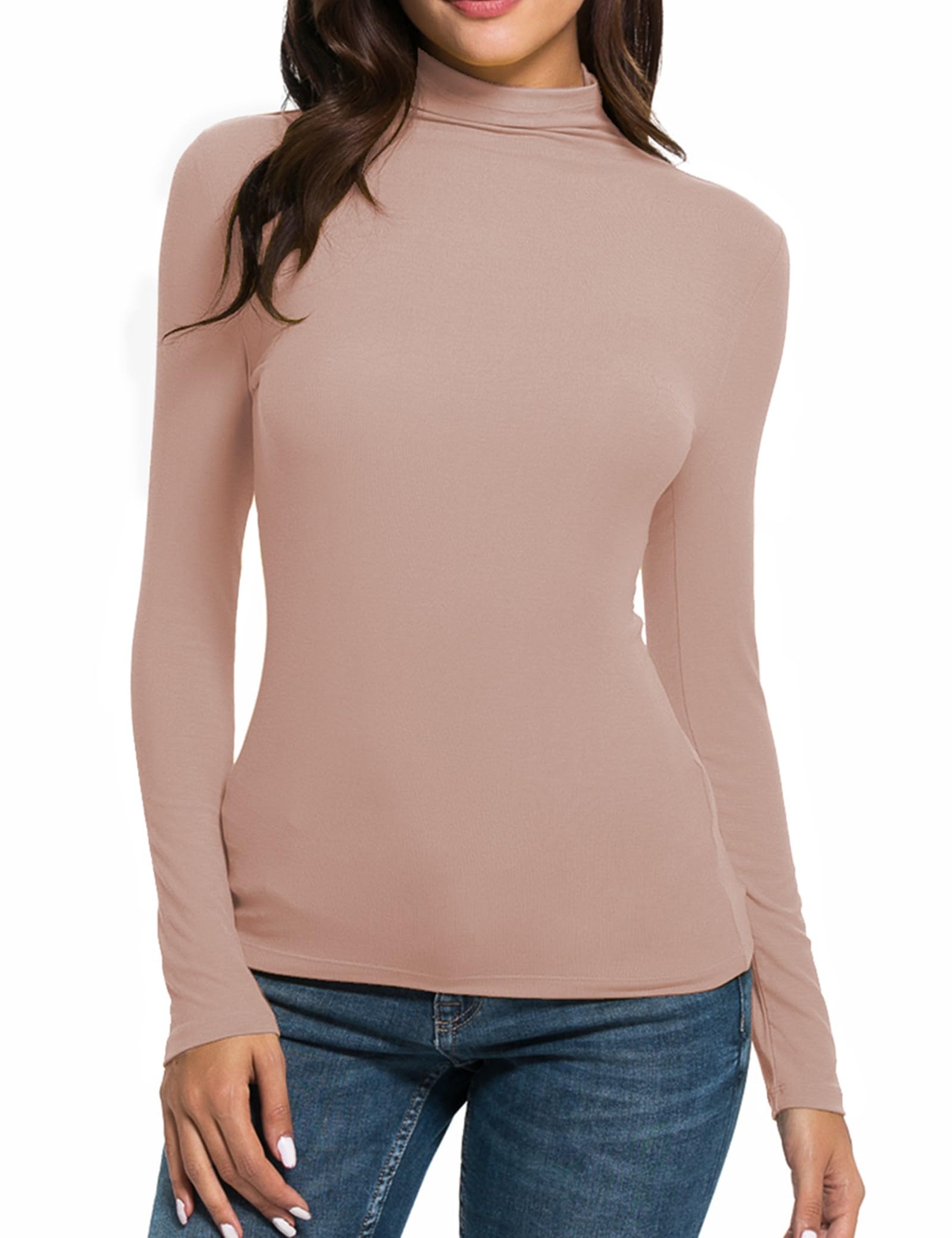 Womens Mock Turtleneck Stretch Fitted Underscrubs Layer Tee Tops (M, Light Pink)