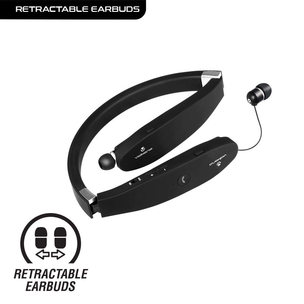 Volkano Retractable Bluetooth Neckband Earphones, Hands-Free Calling, Integrated Controls with Built-in Microphone for Clear Calls, Long Playtime, Lightweight Wireless Headset [Black] - Cravat Series