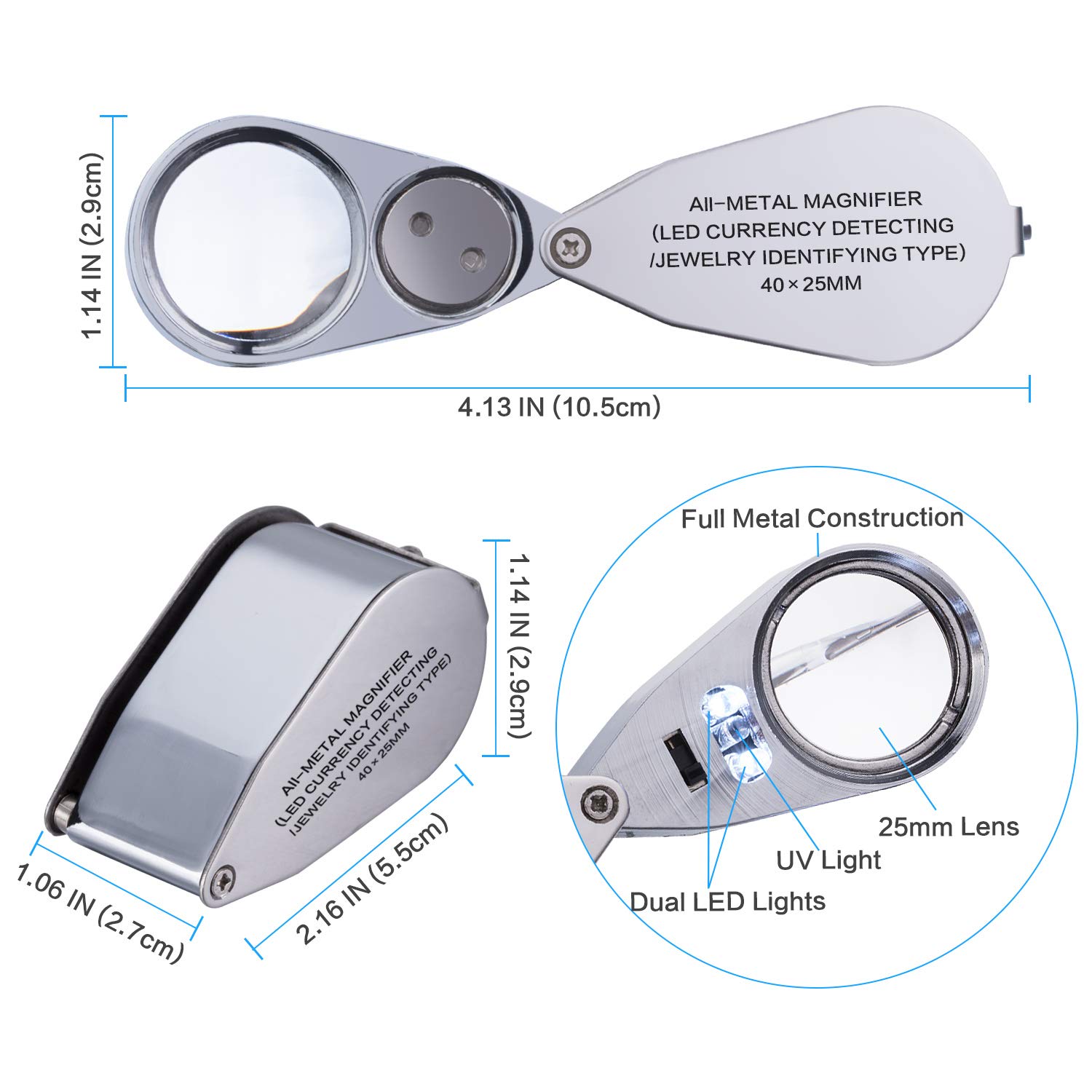 Wanapure 40× Metal Jewelry Loop Magnifier, Jewelers Eye Loupe with LED Light, Includes Drawstring Bag and Adjustable Lanyard, Pocket Illuminated Magnifying Glass for Gems, Rock Collection