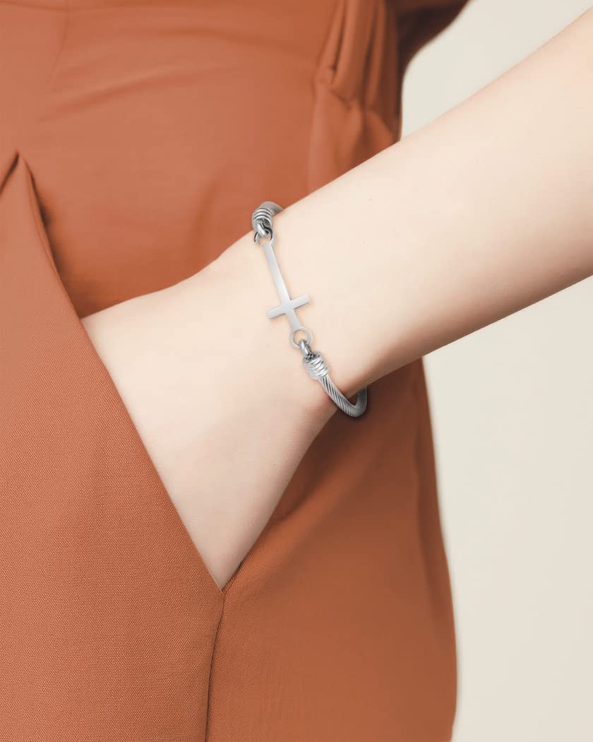 WDSHOW Sideways Cross Bracelet Cuff Bangle Stainless Steel Silver-Tone