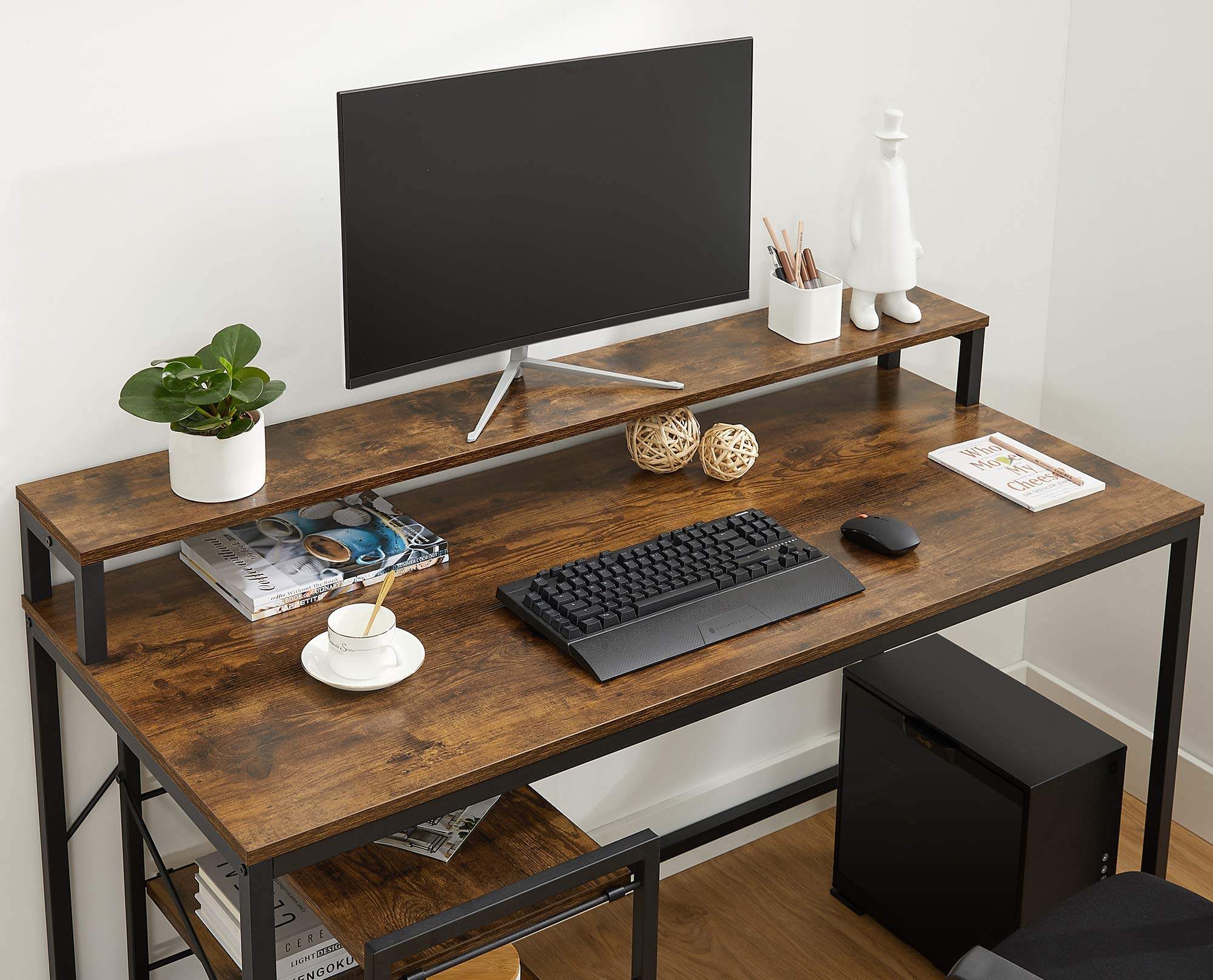VASAGLE Computer Desk with Large Monitor Stand Rolling Cart, Writing Study Desk with Storage Shelves, Industrial, for Home Office, Rustic Brown and Black ULWD061B01