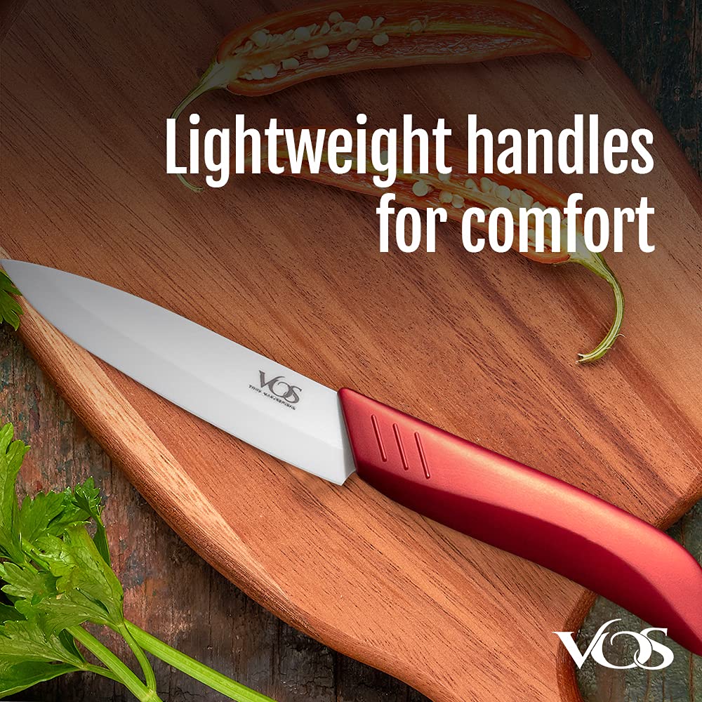 Vos Universal Knife Block and Ceramic Kitchen Knives With Covers, Ceramic Paring Knife 4", 5", 6" Inch Red