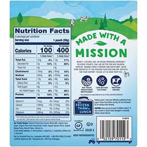 Stonyfield Organic Kids Whole Milk Yogurt Pouches 3.5 oz. Each Ct – Real Fruit Veggie, Pear Spinach Mango, (Pack of 4)
