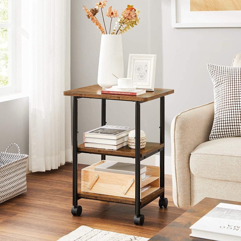 VASAGLE Industrial Printer Stand, 3-Tier Machine Cart with Wheels and Adjustable Table Top, Heavy Duty Storage Rack for Office and Home, Rustic Brown and Black UOPS003B01