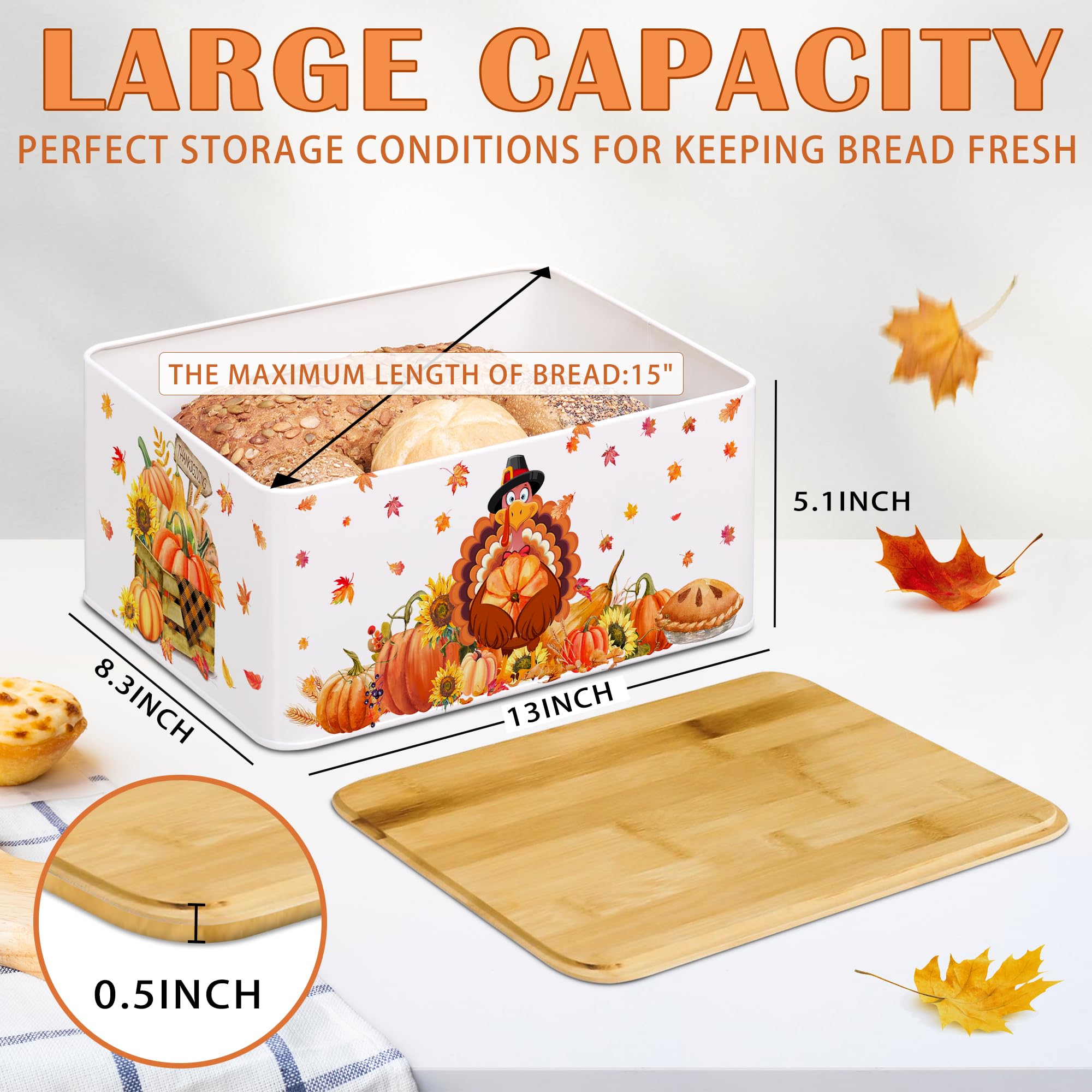 Thanksgiving Bread Box with Bamboo Cutting Board Lid, Modern Metal Bread Storage Container, Farmhouse Thanksgiving Turkey Decorations Table Decor for Dining Room, Thanksgiving Gifts for Women