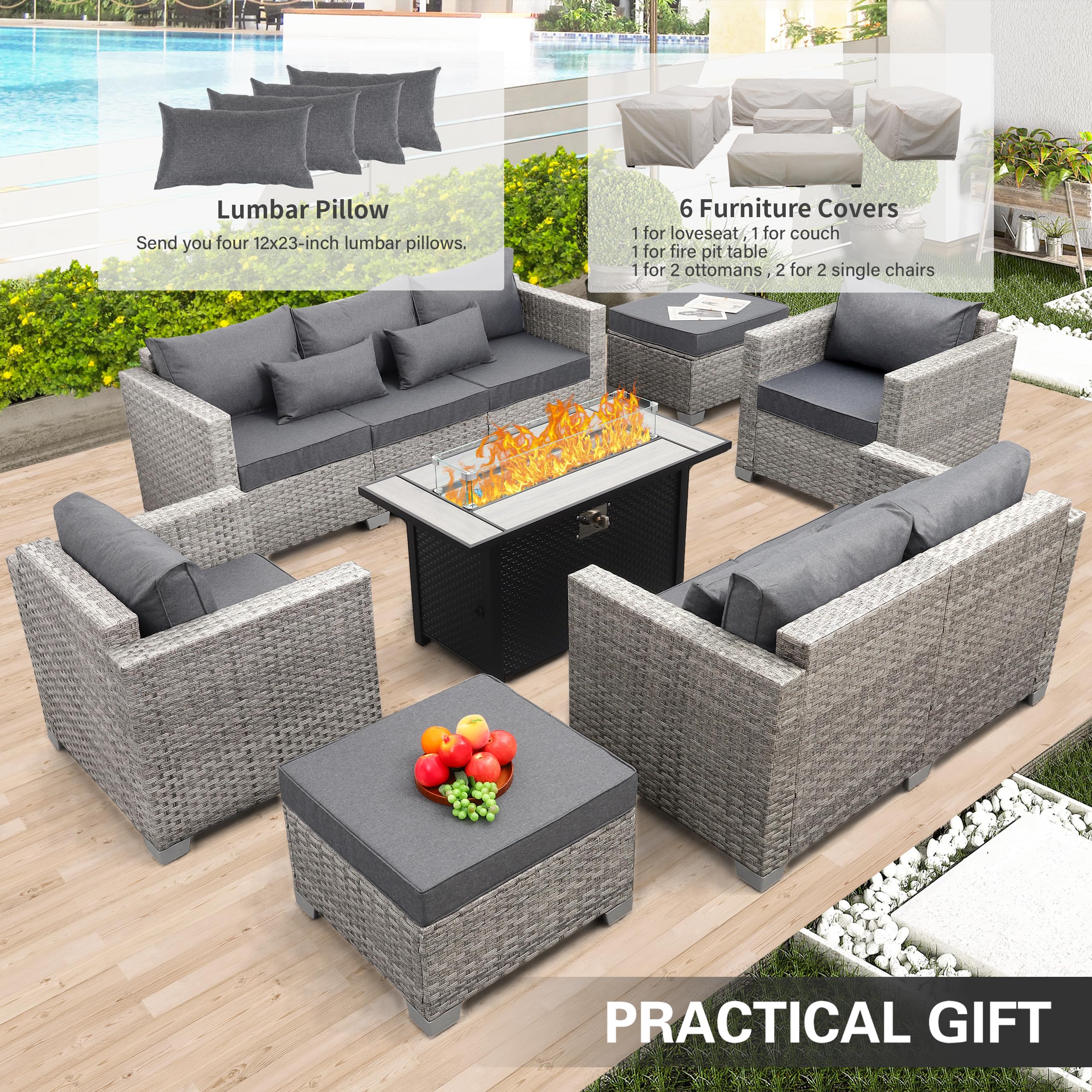 WAROOM Patio Furniture Set Gray Rattan 7 Pieces Outdoor Sectional Sofa PE Wicker Conversation Chairs with Storage Table and Non-Slip Thick Grey Cushion