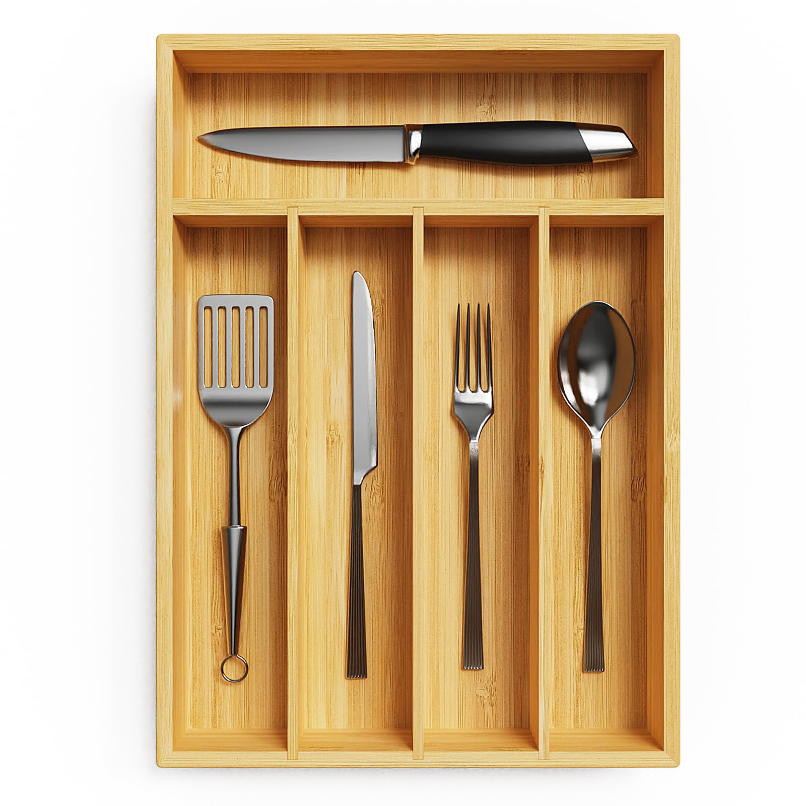 WEBACOO Bamboo Kitchen Drawer Organizer - Silverware Organizer for Kitchen Drawers - Utensil Tray and Flatware Storage for Kitchen - Flatware Organizer - Cutlery Tray with Adjustable Dividers