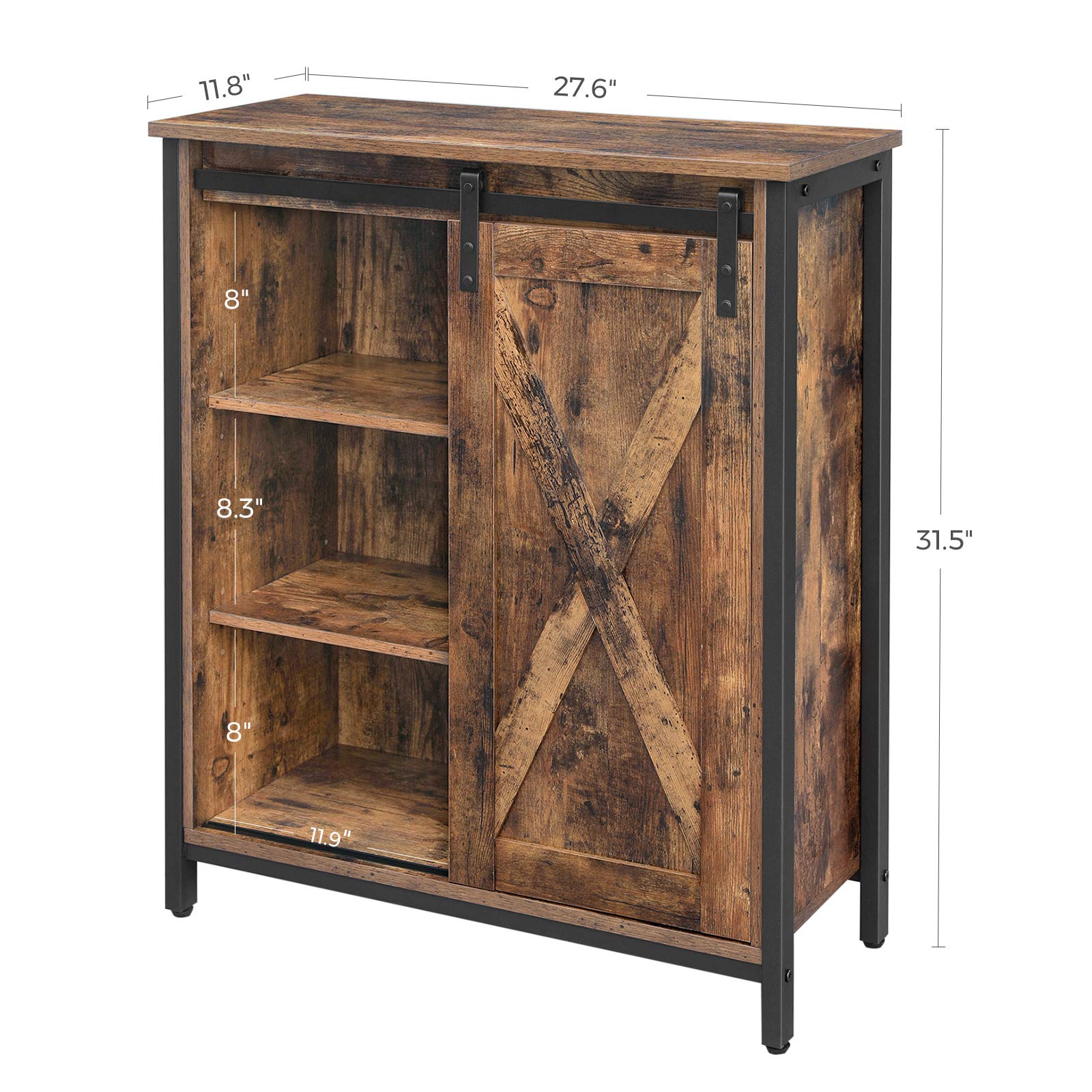 VASAGLE Storage Cabinet Cupboard, Multipurpose Cabinet with Adjustable Shelves, Sliding Door, Steel Frame, for Kitchen, Living Room, Entryway, Industrial, Rustic Brown and Black ULSC88BX