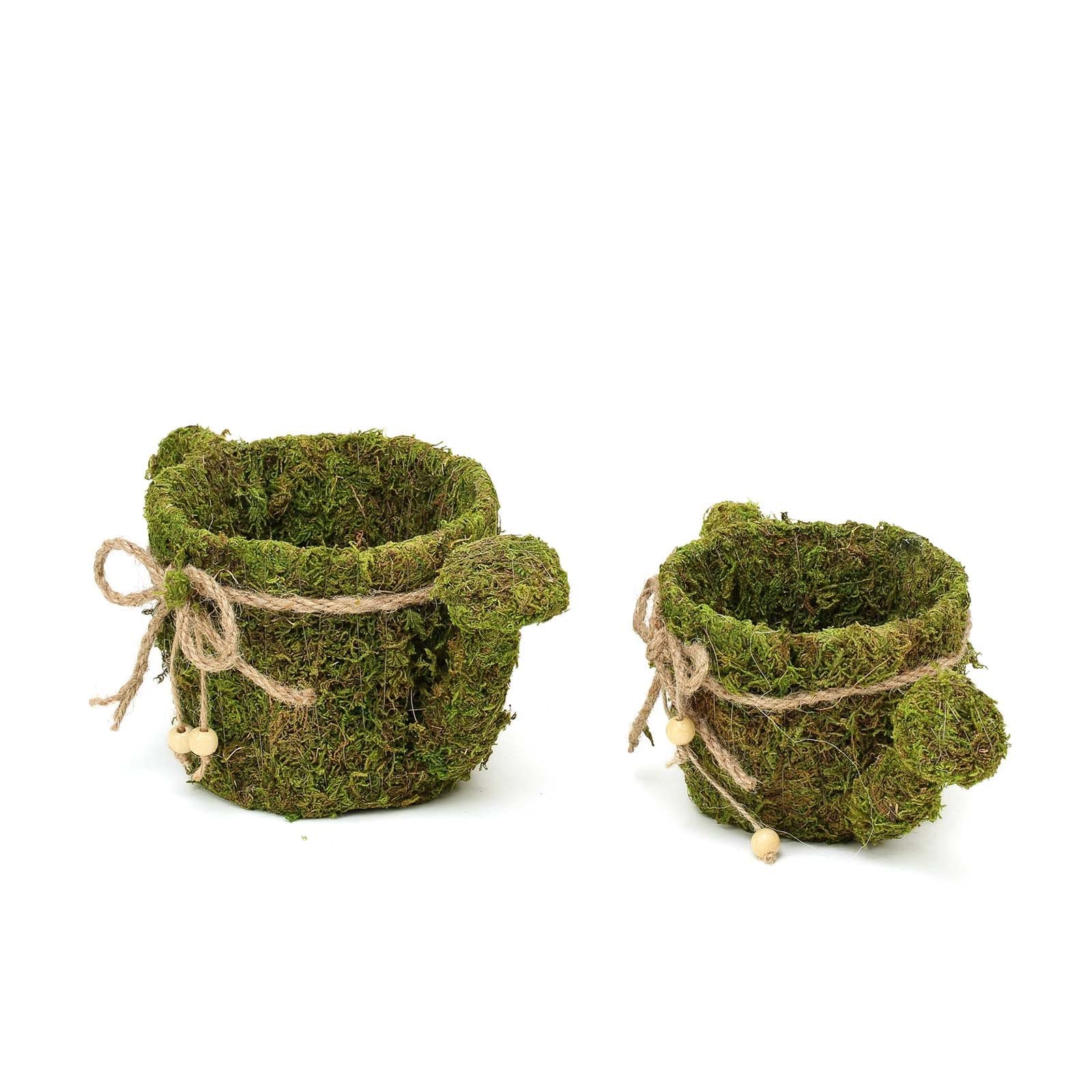 TABLECLOTHSFACTORY Set of 2 | Preserved Moss Watering Can Planter Box with Natural Braided Twine Bow - 11" & 10"